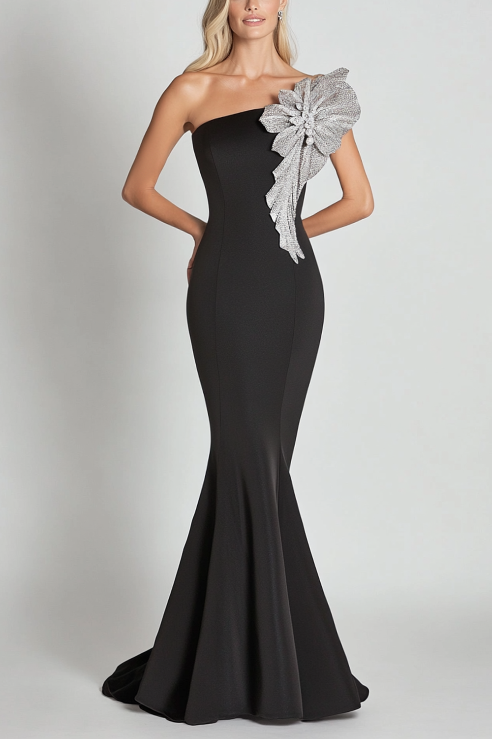 ZAPAKASA Women Black Formal Dress Mermaid One Shoulder with Sequin Flower Long Satin Formal Wear ...