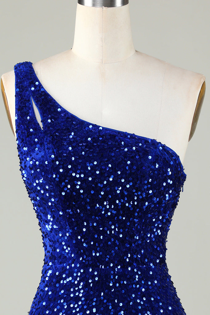Zapakasa Sequins One-Shoulder Royal Blue Tight Beading Short Homecoming Dresses Sexy Party Dress