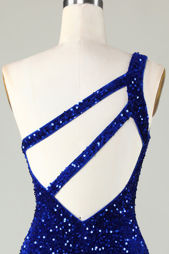 Zapakasa Sequins One-Shoulder Royal Blue Tight Beading Short Homecoming Dresses Sexy Party Dress