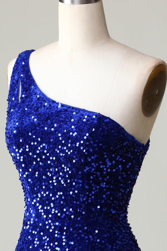 Zapakasa Sequins One-Shoulder Royal Blue Tight Beading Short Homecoming Dresses Sexy Party Dress