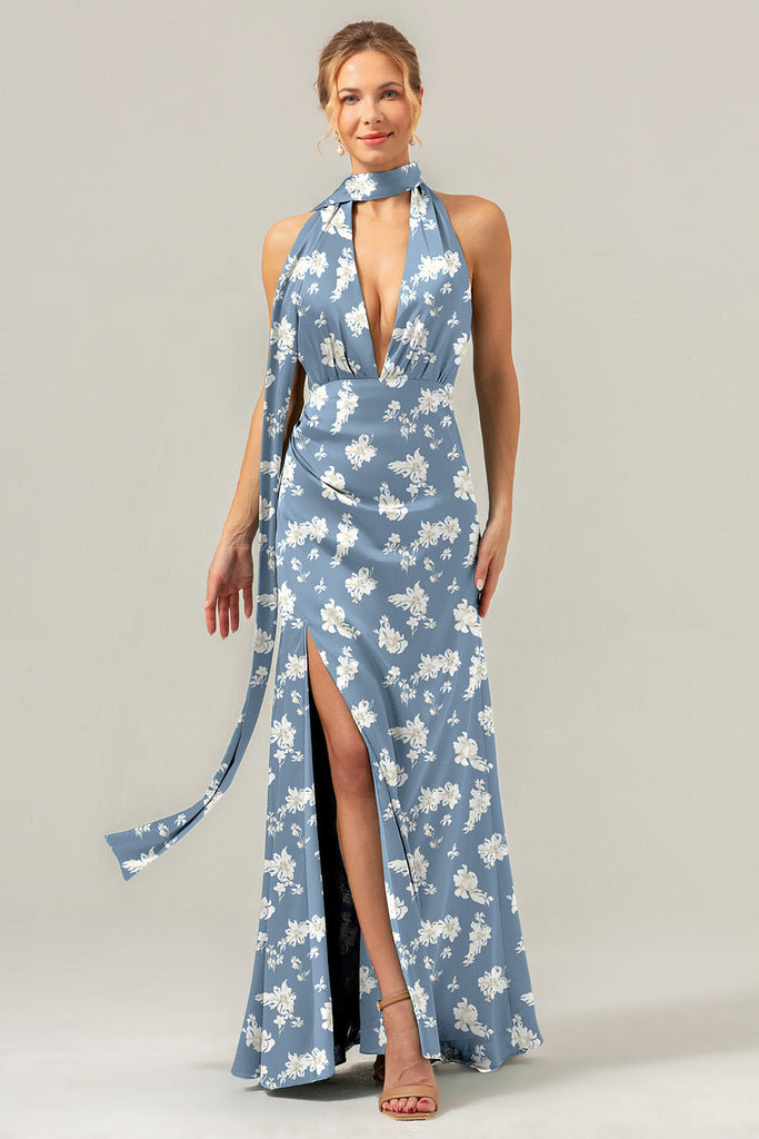 Zapakasa Women Blue White Flower Long Bridesmaid Dress with Slit Deep V ...