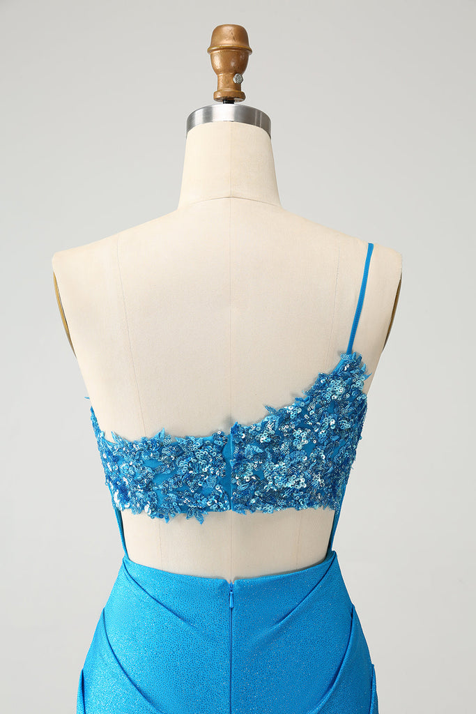 Zapakasa Women Blue Bodycon Homecoming Dress with Sequins One Shoulder ...