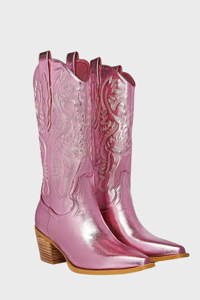 Zapakasa Women Fuchsia Embroidered Mid Calf Cowgirl Boots