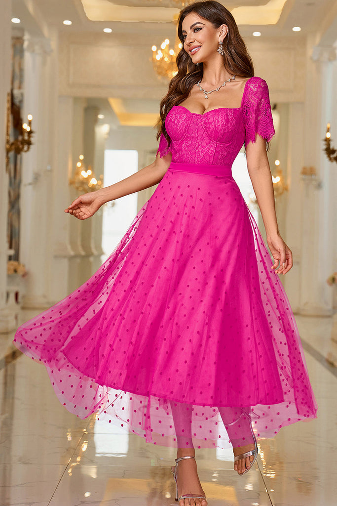 Zapakasa Women Pink A Line Maxi Prom Dress With Lace Floral Formal ...