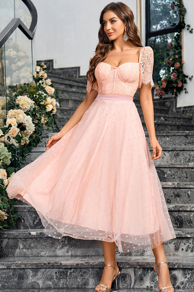 Zapakasa Women Pink A Line Maxi Prom Dress With Lace Floral Formal ...