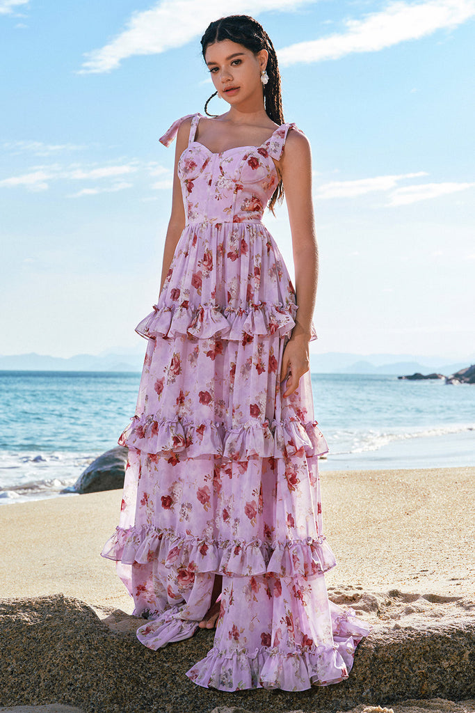 Zapakasa Women Grey Purple Floral Bridesmaid Dress with Ruffle Slit A-Line Tiered Print Wedding ...