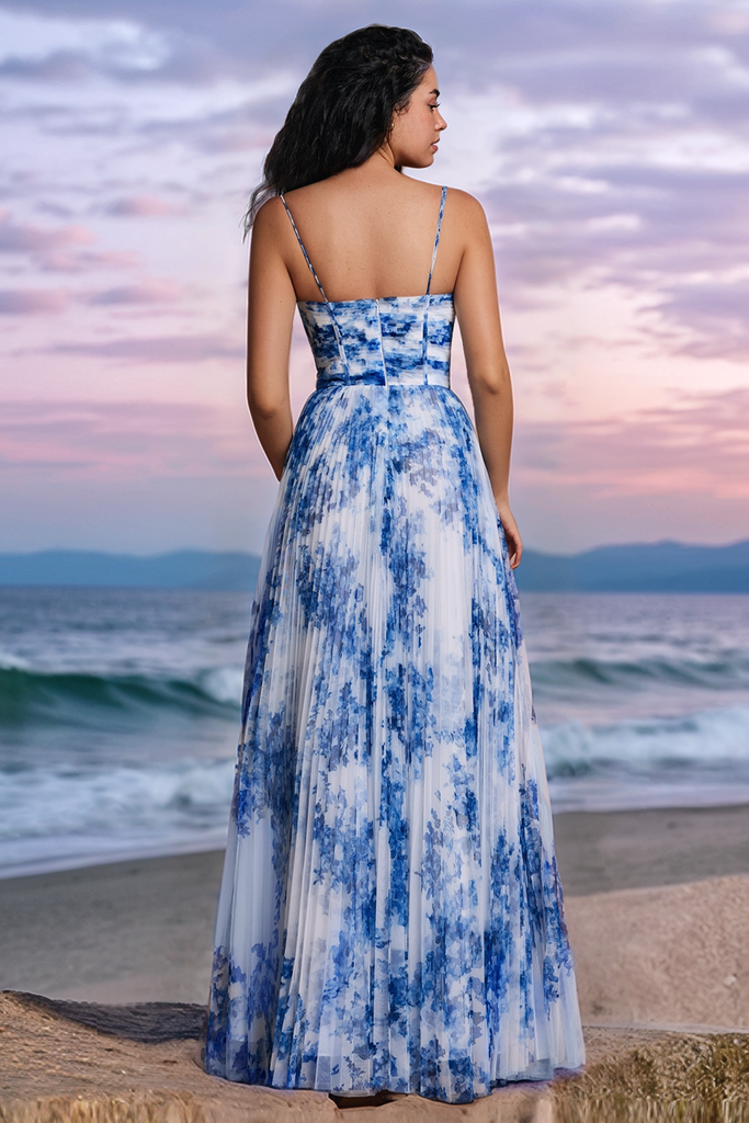 Zapakasa Women White Blue Flower A-Line Bridesmaid Dress Pleated Spaghetti Straps Wedding Party ...