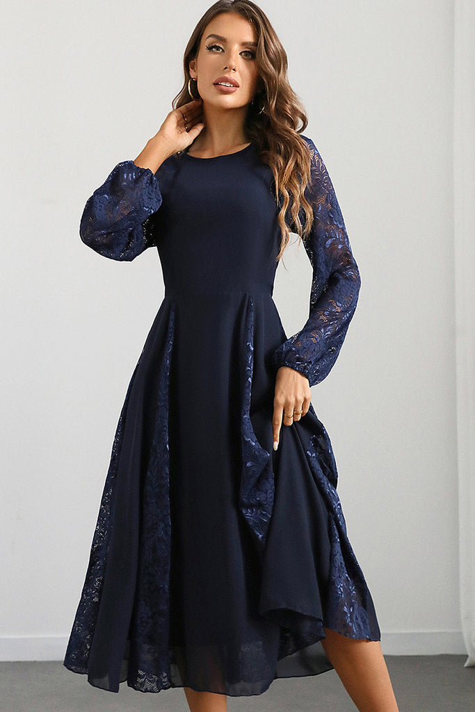 Zapakasa Women Navy Prom Dress A Line Round Neck Long Formal Dress with ...