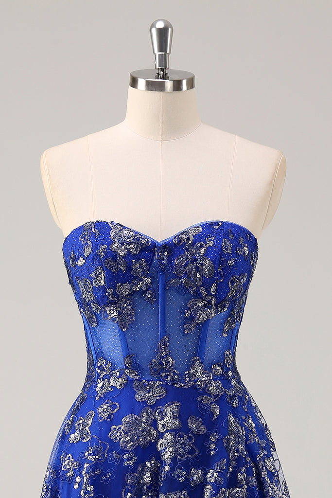 Zapakasa Women Sparkly A-line Sweetheart Royal Blue Corset Long Prom ...