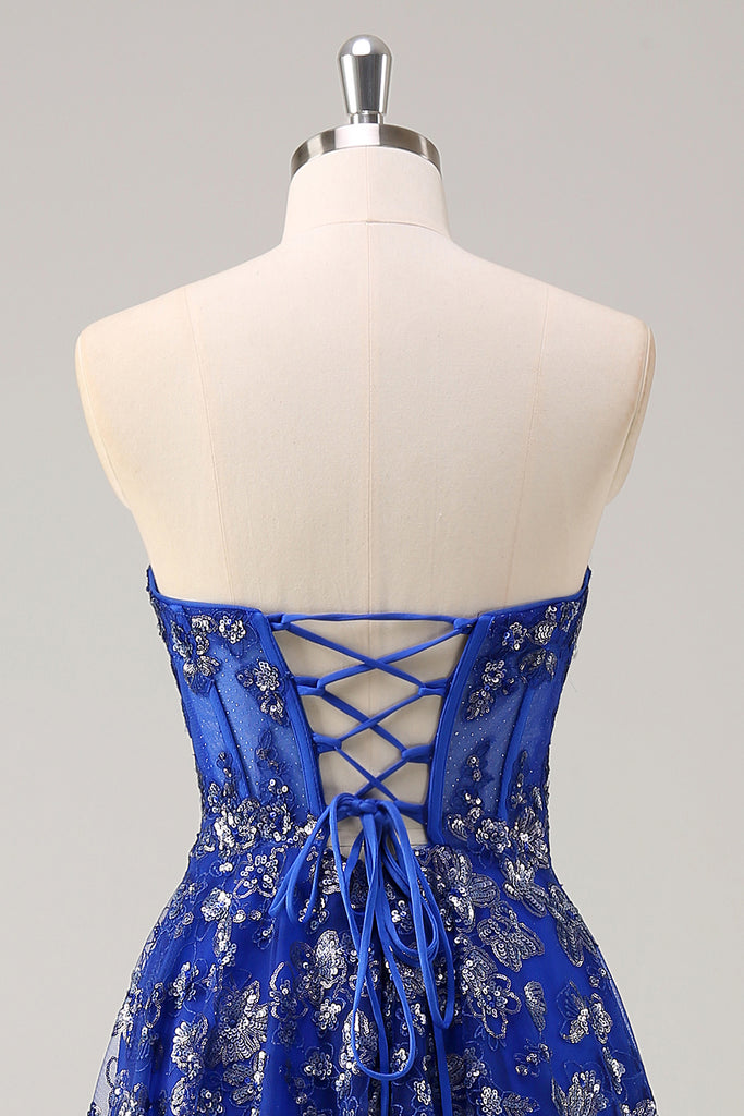 Zapakasa Women Sparkly A-line Sweetheart Royal Blue Corset Long Prom ...