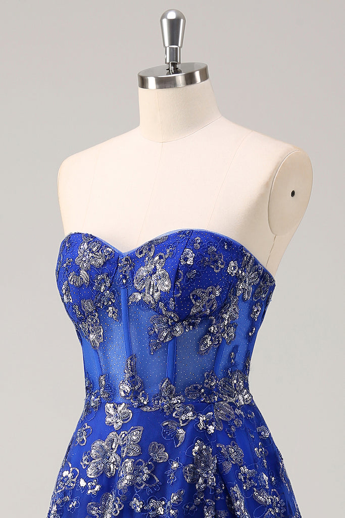 Zapakasa Women Sparkly A-line Sweetheart Royal Blue Corset Long Prom ...
