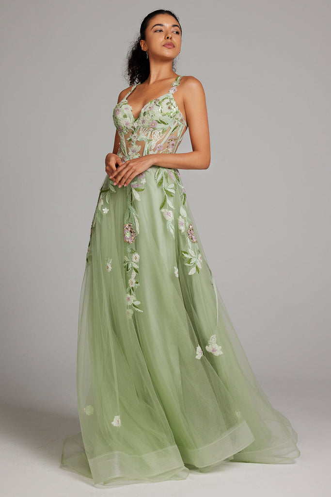 ZAPAKA Women Sparkly Green Long Prom Dress With Slit A Line Sequin ...