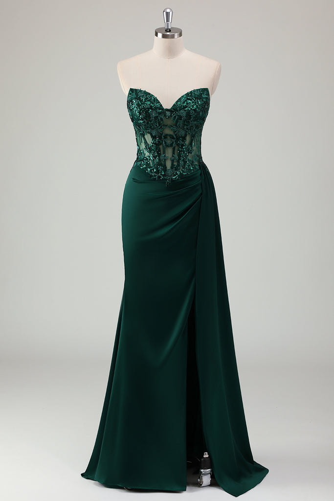 Zapakasa Women Sparkly Dark Green Sheath Corset Long Lace Prom Dress ...
