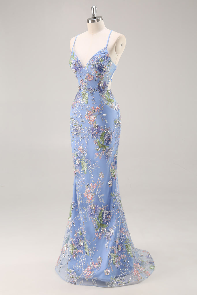 Zapakasa Women Sparkly Blue Floral Long Prom Dress with Sequins Mermaid ...