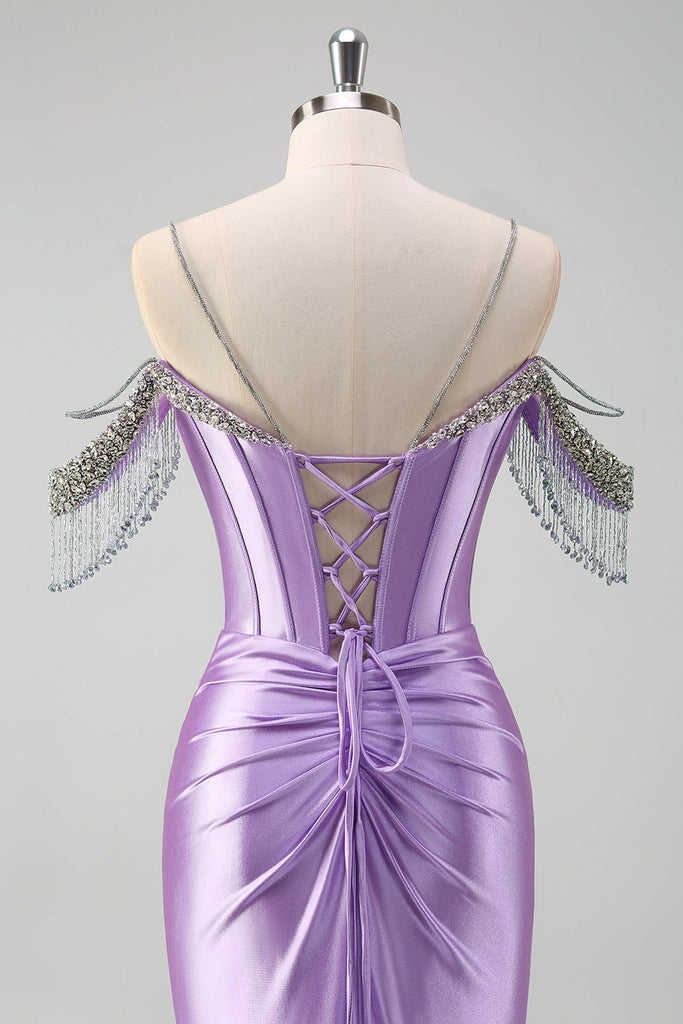 ZAPAKASA Women Sparkly Lilac Prom Dress with Slit Mermaid Cold Shoulder ...