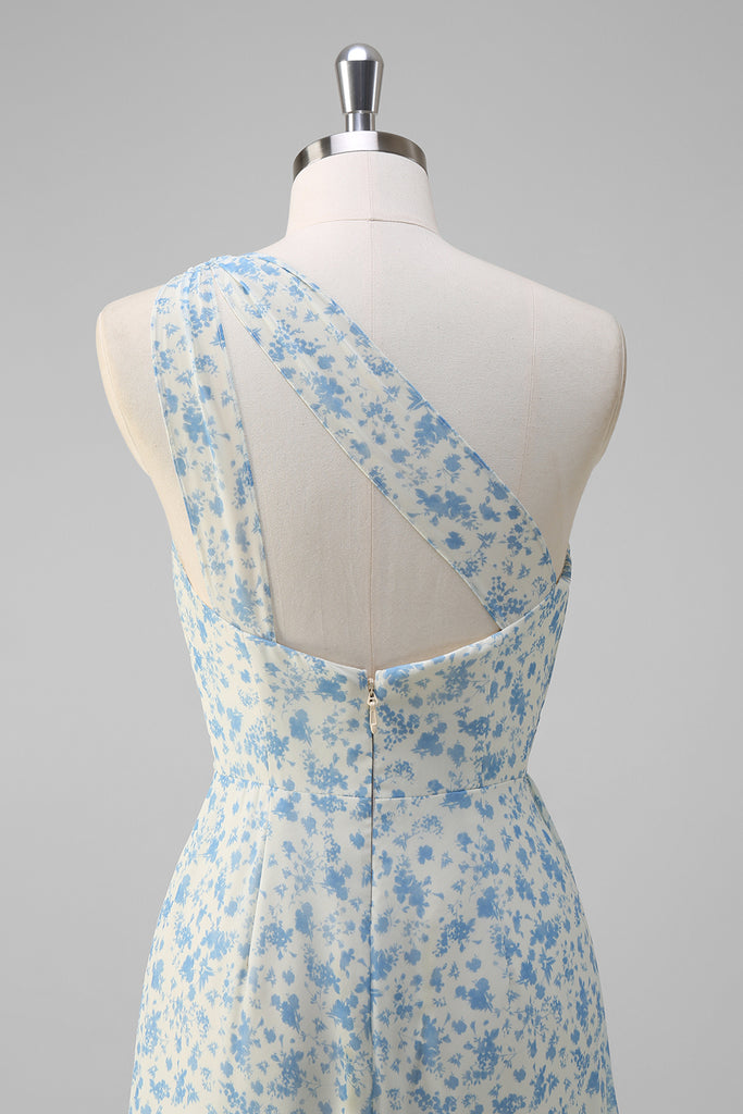 Zapakasa Women White Blue Flower Ruffled Prom Dress One Shoulder Ruched Evening Dress with Slit