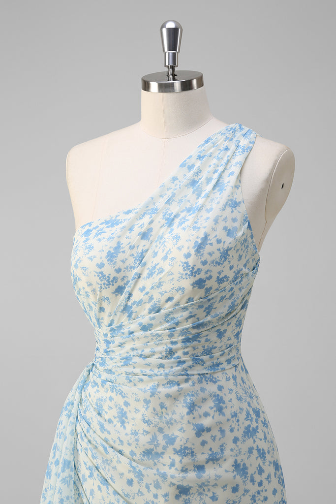 Zapakasa Women White Blue Flower Ruffled Prom Dress One Shoulder Ruched Evening Dress with Slit