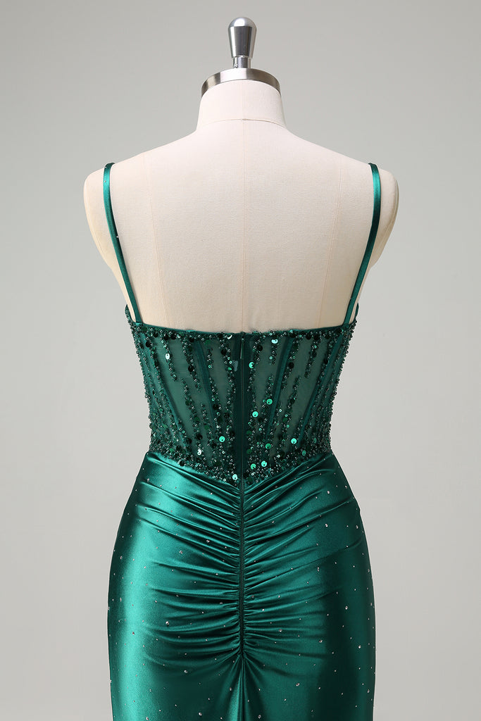 ZAPAKASA Women Dark Green Sequined Mermaid Ruche Prom Dress Beaded Spaghetti Straps Corset ...
