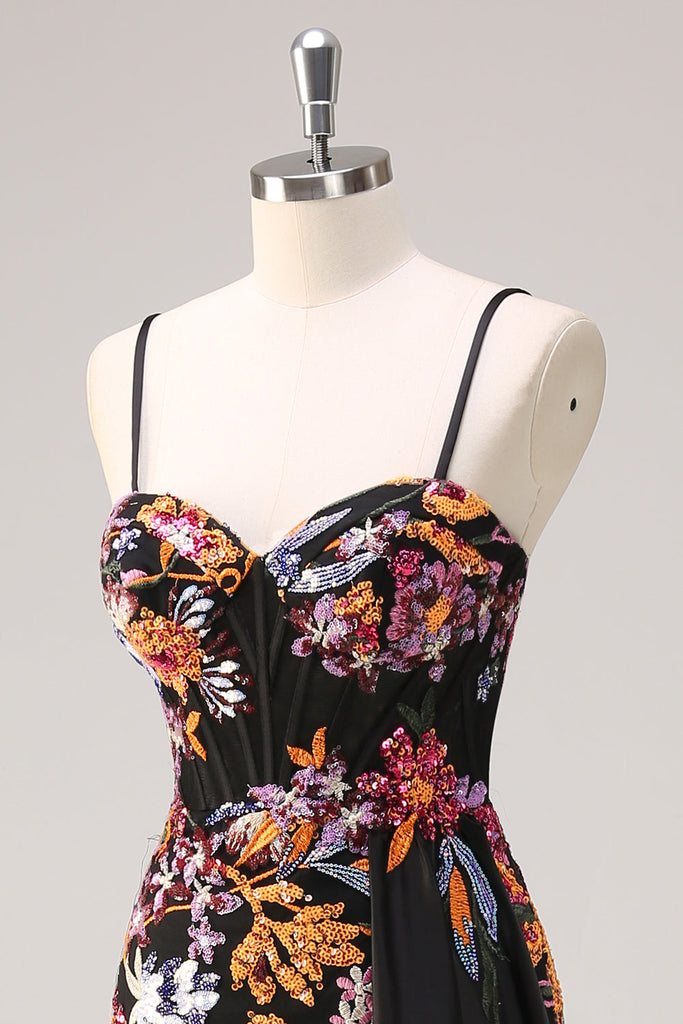 Zapakasa Women Sparkly Black Floral Corset Prom Dress with Slit Mermaid ...