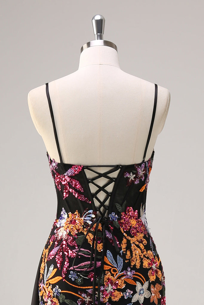 Zapakasa Women Sparkly Black Floral Corset Prom Dress with Slit Mermaid ...