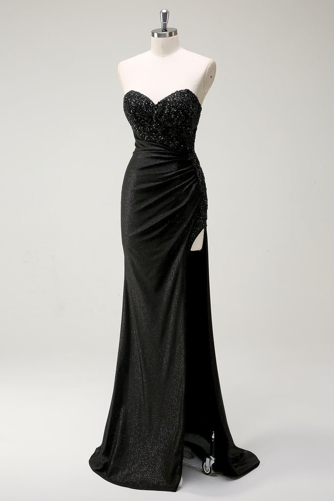 ZAPAKASA Women Sparkly Sweetheart Black Long Prom Dress With Slit ...