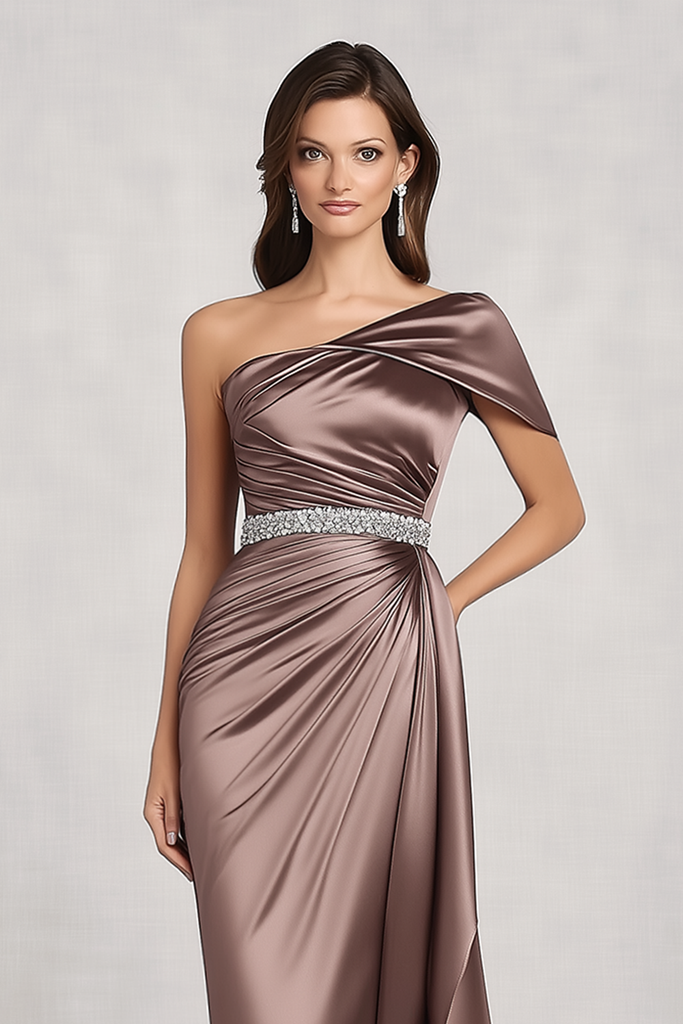 ZAPAKA Women Taupe Satin One Shoulder Mother of Bride Dress Ruched ...