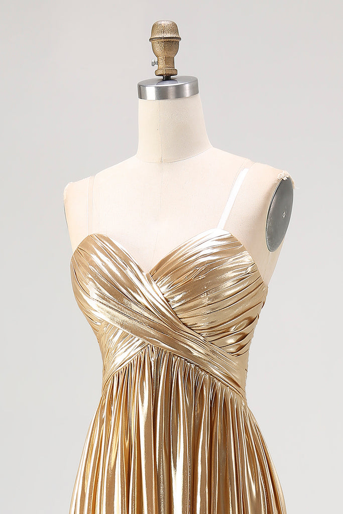 ZAPAKASA Women Chic Gold Satin Pleated Long Prom Dress A Line Spaghetti ...
