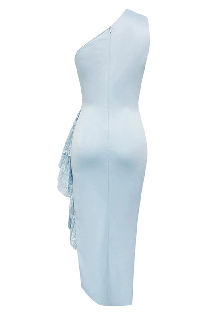 Zapaka Women Light Blue One Shoulder Prom Dress Bodycon Tea Length Formal Dress with Sash