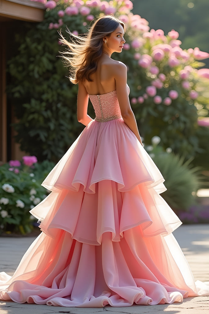 ZAPAKASA Women A Line Pink Tiered Prom Dress with Ruffles Sweetheart Backless Beading Long ...