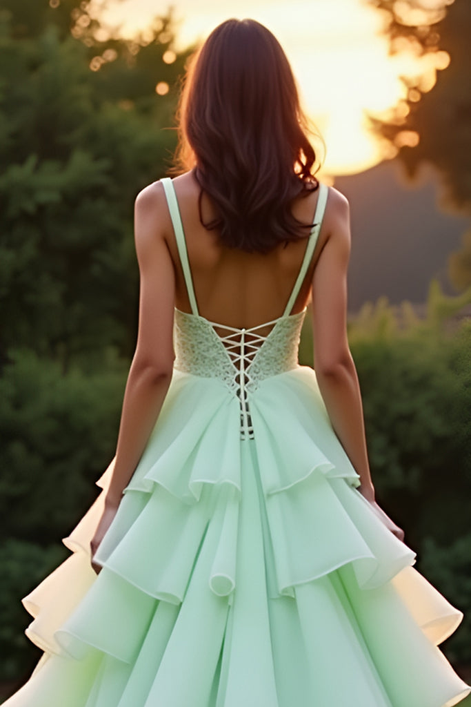 ZAPAKASA Women Ball Gown Green Tiered Prom Dress with Ruffles Lace ...