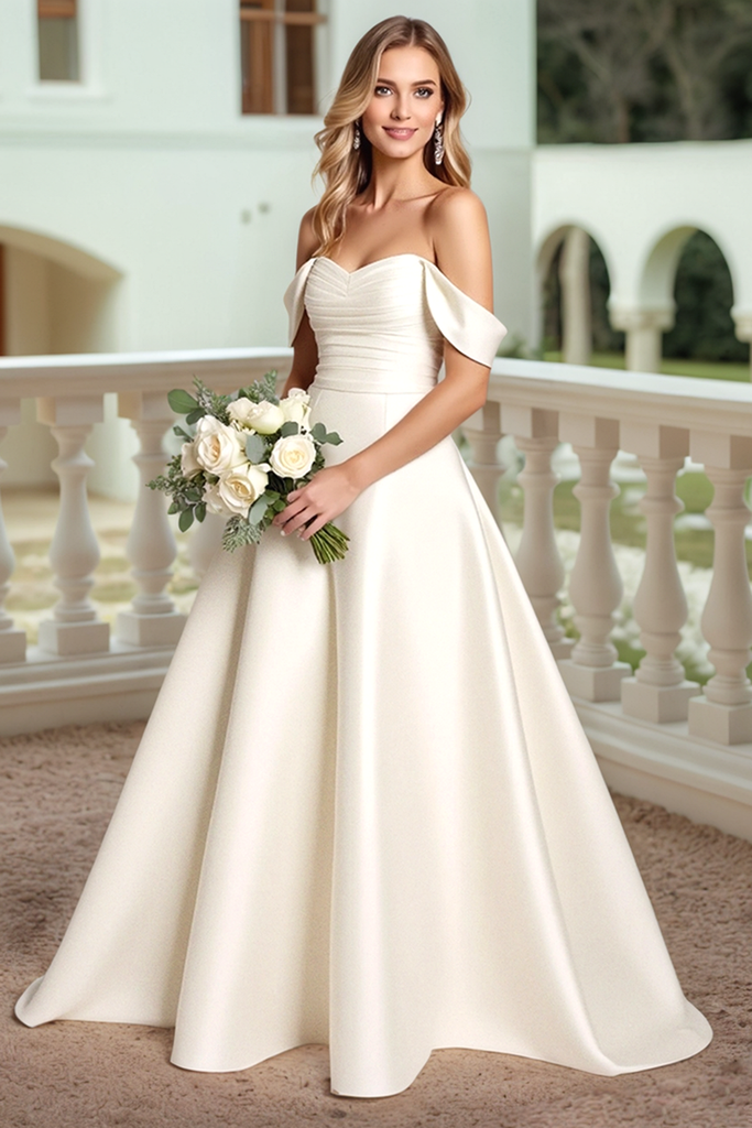 ZAPAKASA Women Ivory A Line Satin Sweep Train Wedding Dress with Bow ...
