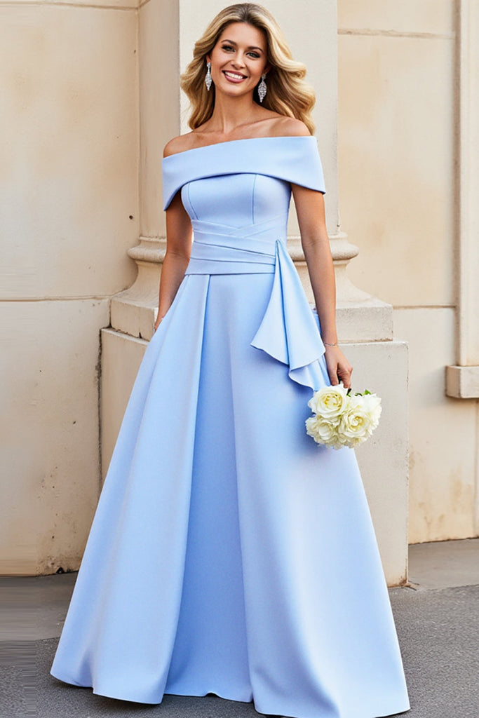 ZAPAKASA Women A Line Light Blue Satin Long Prom Dress Ruched Off the ...
