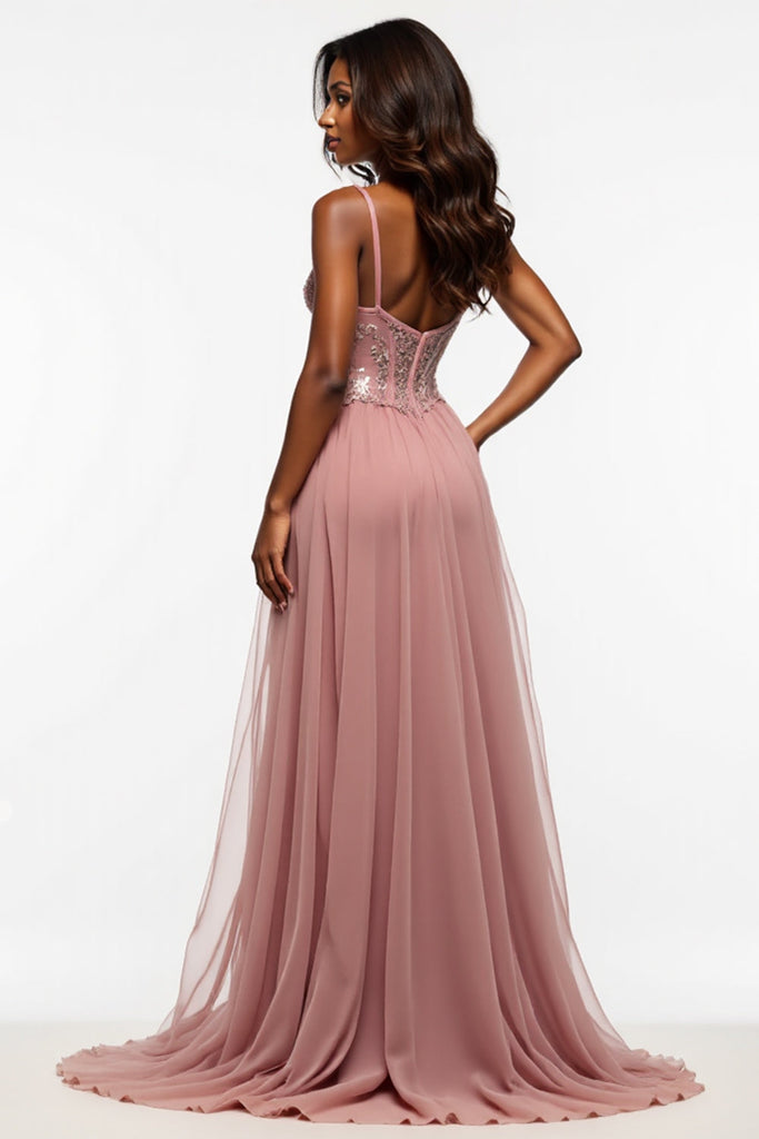 ZAPAKASA Women Tulle Dusty Rose Corset Long Prom Dess wit Slit V-Neck ...
