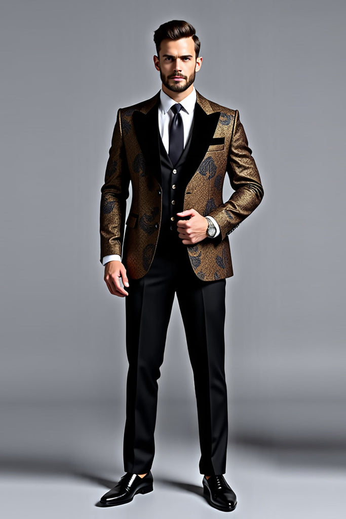 Zapaka Black Golden Men's Suits Shawl Lapel Printed 3 Pieces Men's ...
