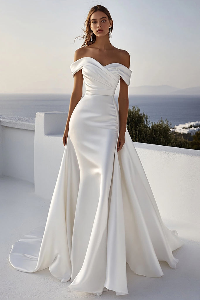 ZAPAKASA Women Ivory Satin Off the Shoulder Ruched Sweep Train Wedding ...