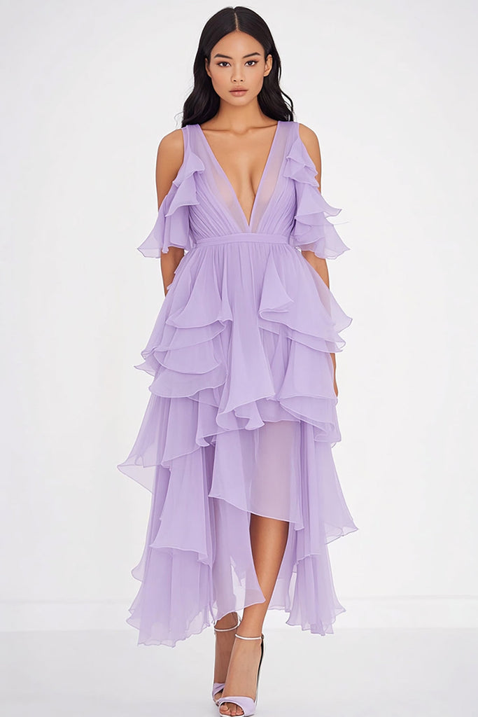 ZAPAKASA Women Lilac Chiffon A Line Tiered Formal Dress with Slit V ...