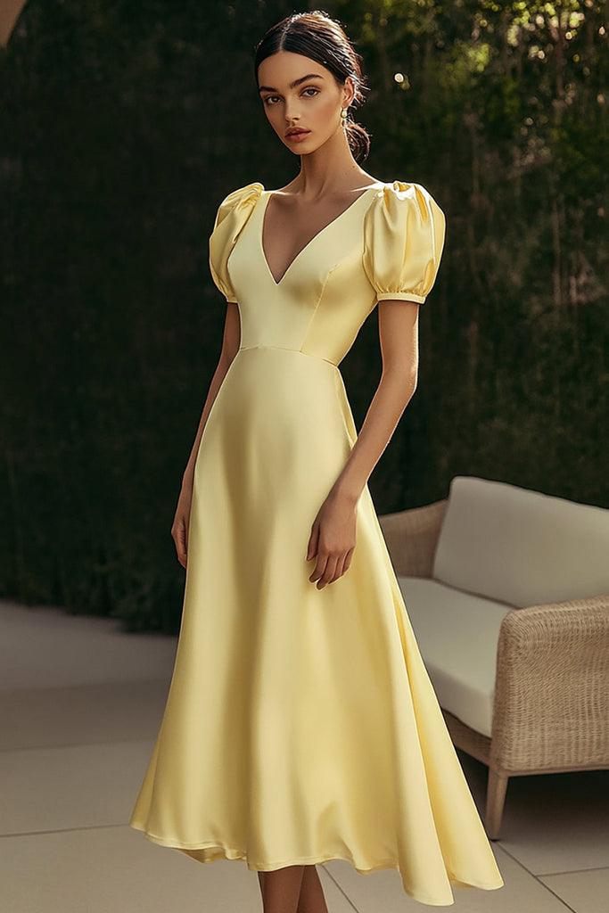 ZAPAKASA Women Yellow A Line Satin Long Formal Dress with Puff Sleeves ...