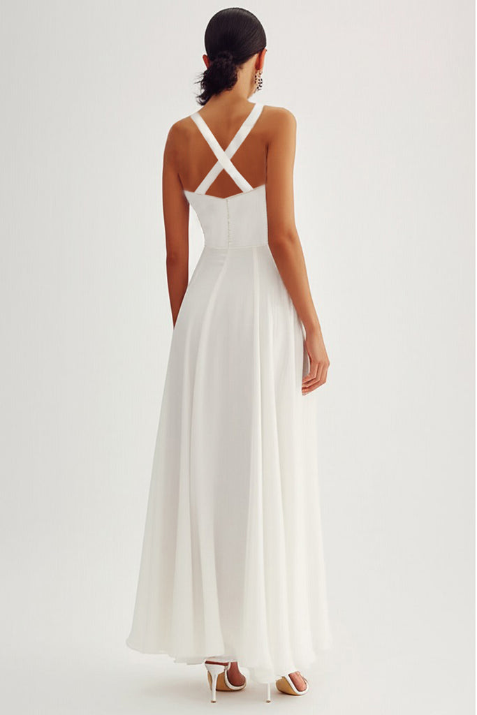 ZAPAKASA Women A Line White Chiffon Long Rehearsal Dinner Dress Pleated ...