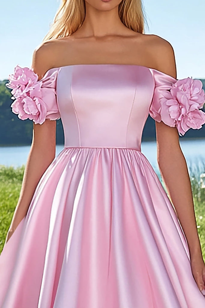 Zapakasa Women Pink Satin Off the Shoulder Long Prom Dress with Flowers ...