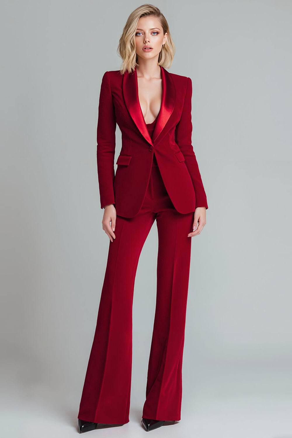 Zapakasa Women Red 2 Piece Prom Suits with Sleeves Shawl Lapel Satin ...