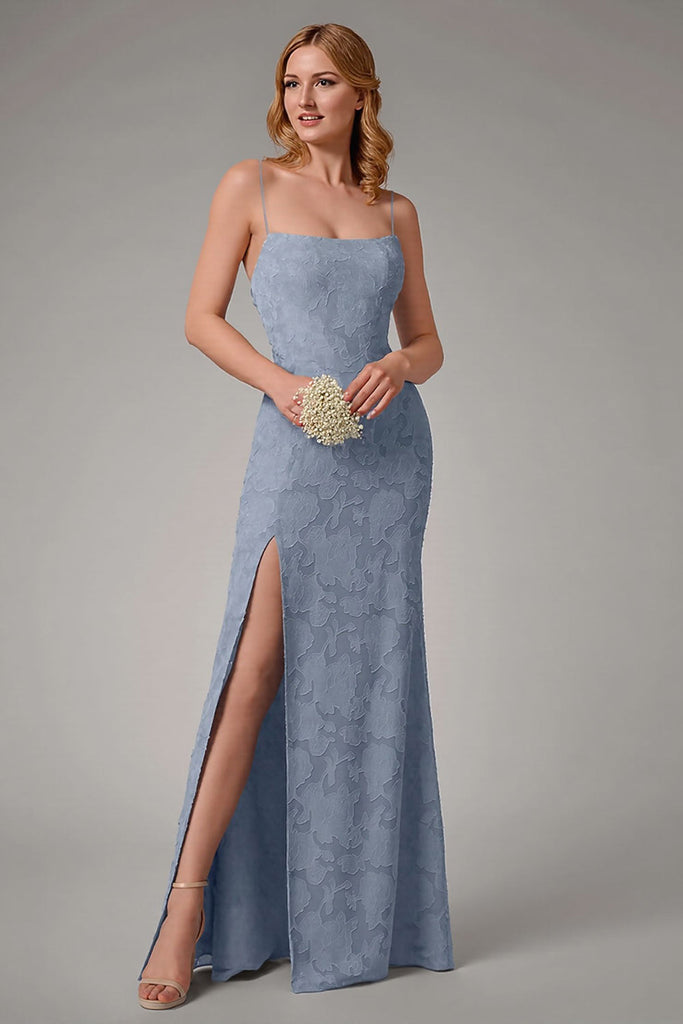 ZAPAKA Women Dusty Blue Lace Long Floral Bridesmaid Dress with Slit ...