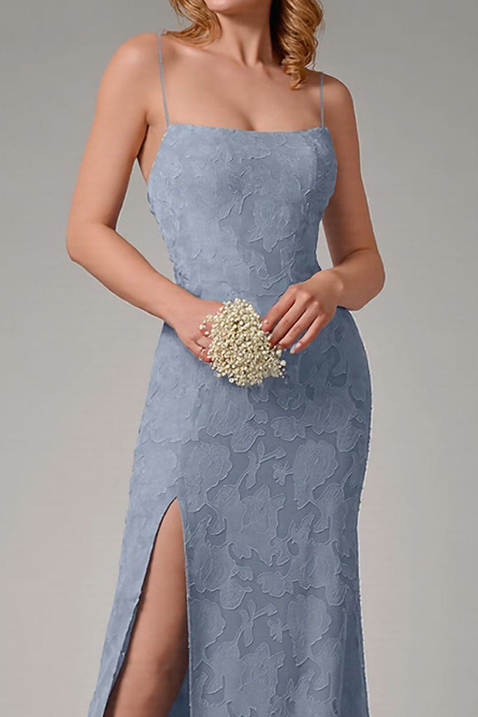 ZAPAKA Women Dusty Blue Lace Long Floral Bridesmaid Dress with Slit ...