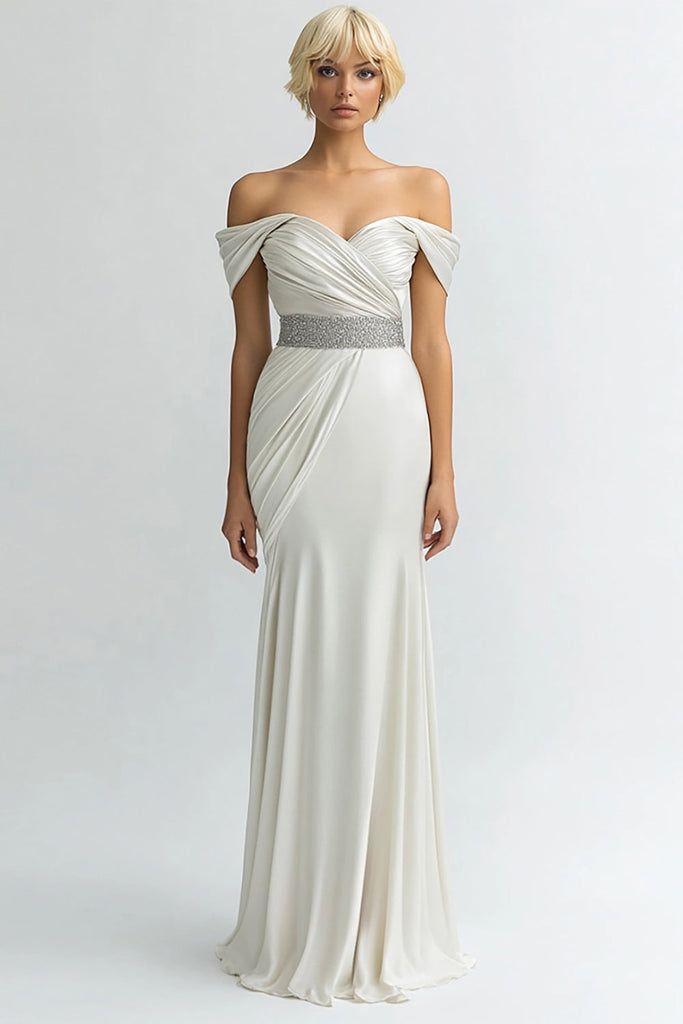 Zapakasa Women Ivory Satin Long Beaded Evening Dress Sheath Off the ...