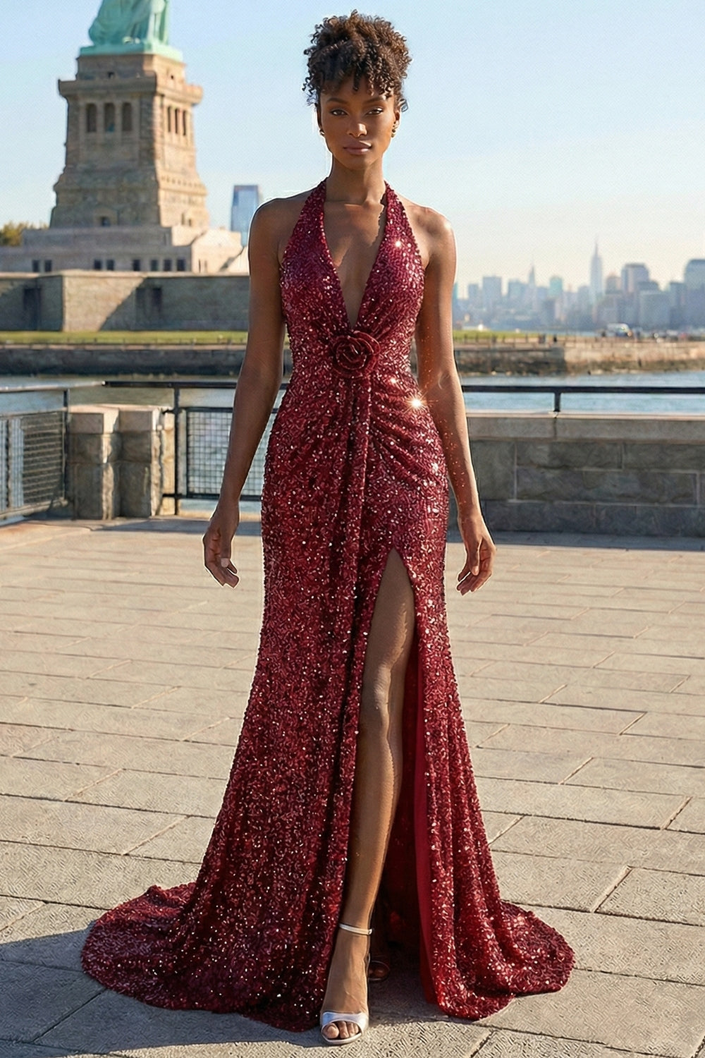 Zapakasa Women Sparkly Burgundy Mermaid Long Prom Dress with Slit ...