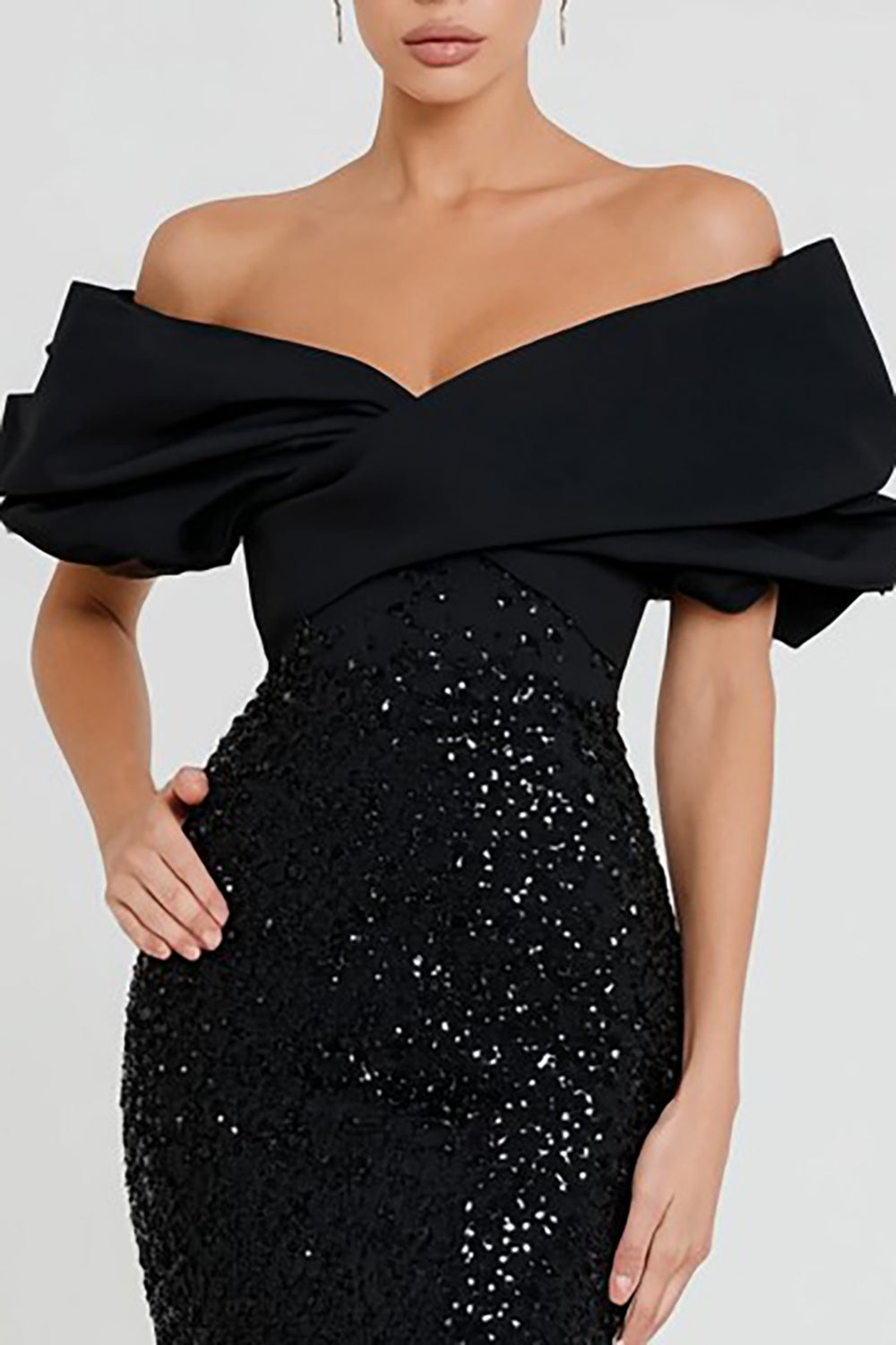 Zapakasa Women Sparkly Black Sequin Long Formal Dress Mermaid Off the Shoulder Gala Dress