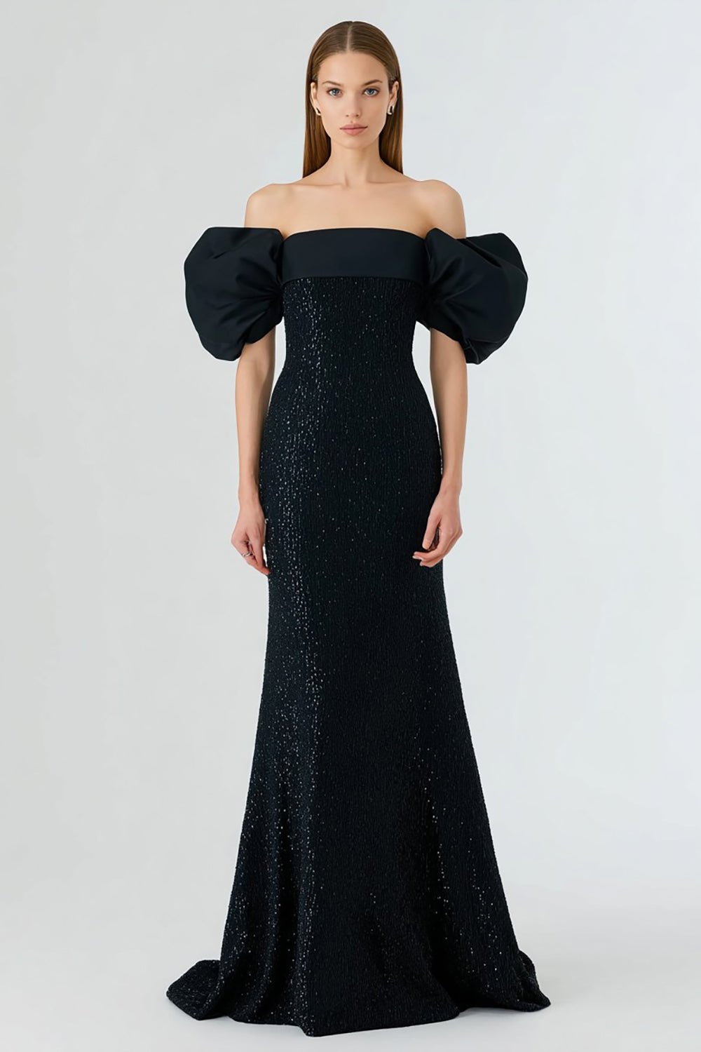 Zapakasa Women Sparkly Mermaid Long Black Tie Dress Off the Shoulder Sequins Puff Sleeves Formal ...