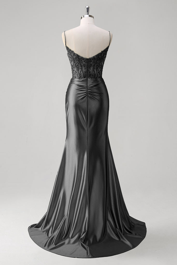 Zapakasa Women Green Mermaid Applique Prom Dress Spaghetti Straps Corset Evening Dress with Slit