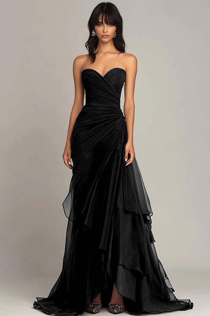 Zapakasa Women Black Sweetheart Ruffled Formal Dress Ruched Strapless Mermaid Evening Dress