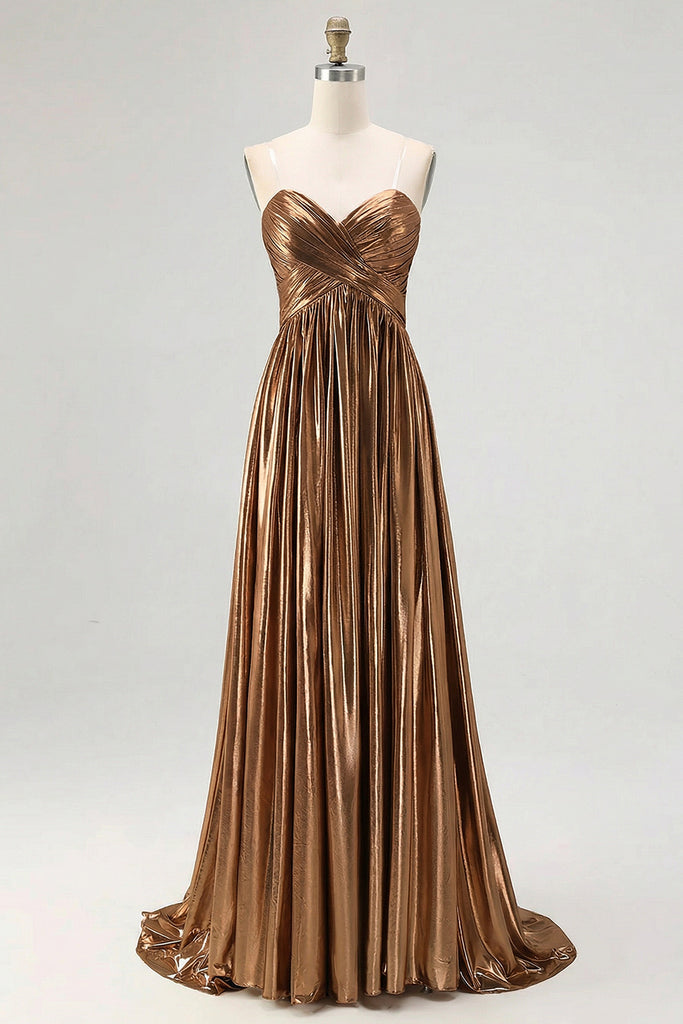 ZAPAKASA Women Chic Gold Satin Pleated Long Prom Dress A Line Spaghetti ...