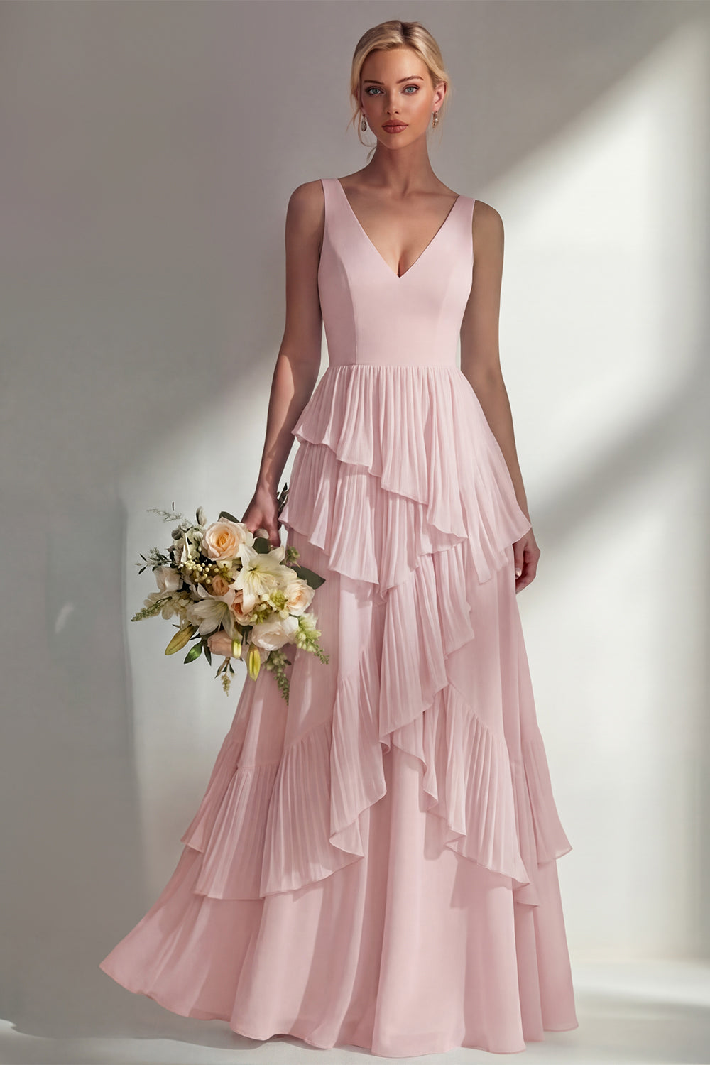 Zapakasa Women Light Pink Long Beach Bridesmaid Dress with Ruffles V ...